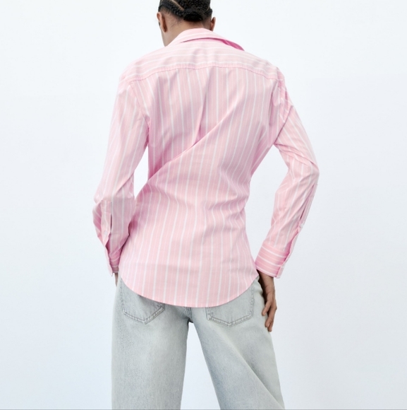 Zara | Tops | Nwt Zara Poplin Blush Pink Striped Fitted Button Down Shirt Top | Poshmark